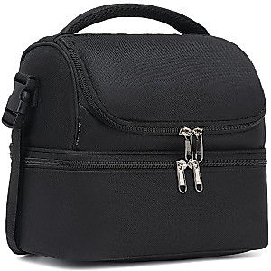 FlowFly Double Decker Cooler Insulated Lunch Bag Large Tote for Boys, Girls, Men, Women, With Adjustable Strap,Black