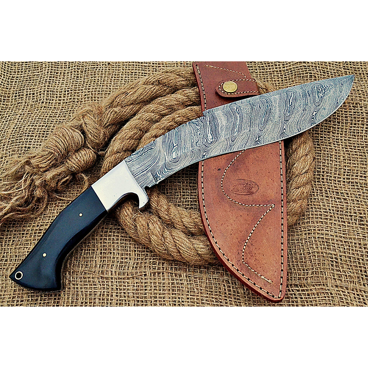 HUNTEX Handmade Hand-Forged Twist Pattern Damascus Steel 15 Inch Long Full Tang Natural Buffalo Horn Handle Razor Sharp Hunting Camping Kukri Knife w/Genuine Leather Sheath