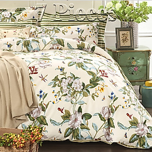 FADFAY 7 Piece Queen Size Floral Bedding Set 100% Cotton Duvet Cover Green Beige Soft Breathable Completed Bedding Hypoallergenic Summer Botanical Vintage Sheets Deep Pocket Bed Sheets, 17.5 inches