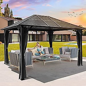 Funny Sunny 10' x 12' Patio Hardtop Gazebo - Outdoor Heavy Duty Gazebo with Aluminum Frame, Galvanized Hardtop Gazebo with Breathable Netting for Garden, Lawns, Party, Poolside