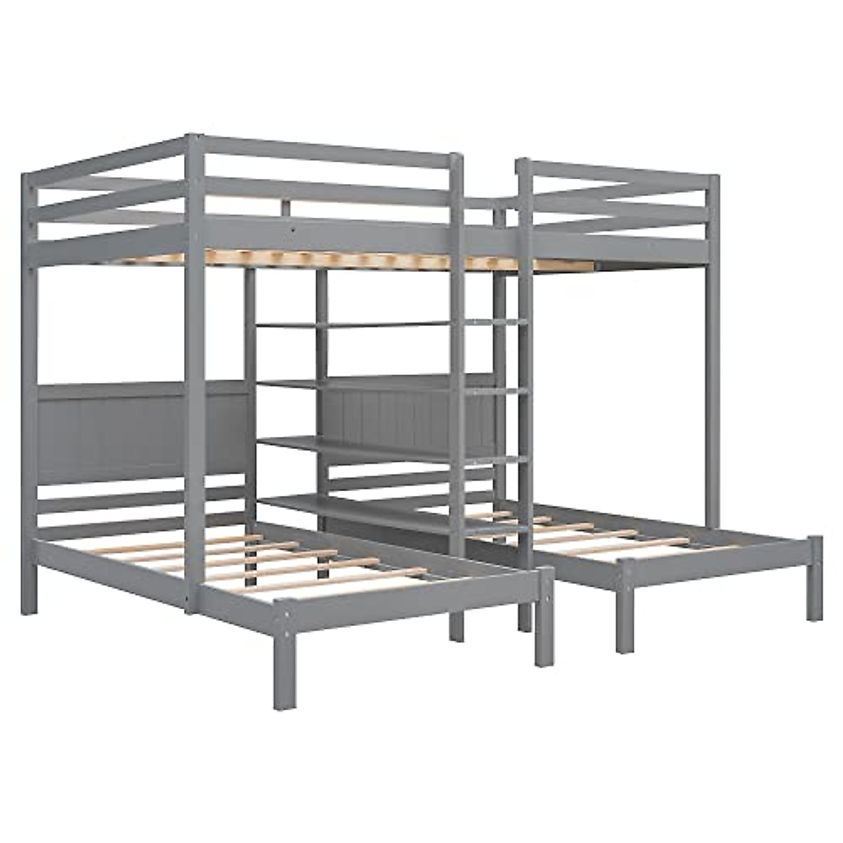 BOVZA Modern Triple Bunk Bed Frame, Twin XL Over Twin&Twin Wooden Bunk Bed with Built-in 4 Shelves and Ladder, Saving Space, Gray
