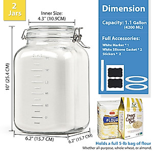 2 Pack 1 Gallon Square Super Wide-Mouth Glass Jars with Airtight Lids - Glass Storage Jars with 2 Measurement Mark - Canning Jars with Large Capacity, Sturdy For Canning, Overnight Oats, 4200 ML