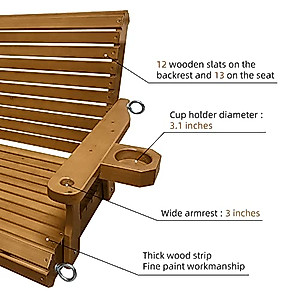 Wooden Porch Swing 2-Seater, Bench Swing with Cupholders, Hanging Chains and 7mm Springs, Heavy Duty 800 LBS, for Outdoor Patio Garden Yard (Brown - 4.5 feet)