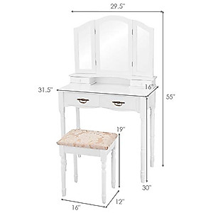 Giantex Vanity Set with Tri-Folding Mirror, Makeup Dressing Table with 4 Drawers and Storage Shelf, Modern Bedroom Bathroom Makeup Vanity Desk with Cushioned Stool for Girls Women (White)