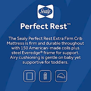Sealy Perfect Rest Extra Firm Baby Crib Mattress and Toddler Mattress, Waterproof Crib Mattress, 150 Premium Coils, Made in USA, 52"x28", Grey, 1 Count (Pack of 1)