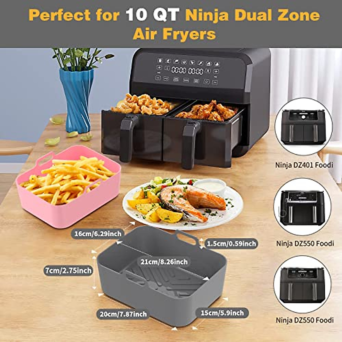 OUTXE 2-Pack 10 QT Silicone Air Fryer Liners for Ninja Dual Zone DZ401/DZ550, Reusable Rectangular Air Fryers Silicone Pot Inserts for Oven Microwave Accessories (Grey+Pink)