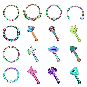 WASOLIE 16 PCS Nose Rings for Women 316L Stainless Steel Nose Piercings Jewelry Upgrade Screw Men Nose Studs Rings.