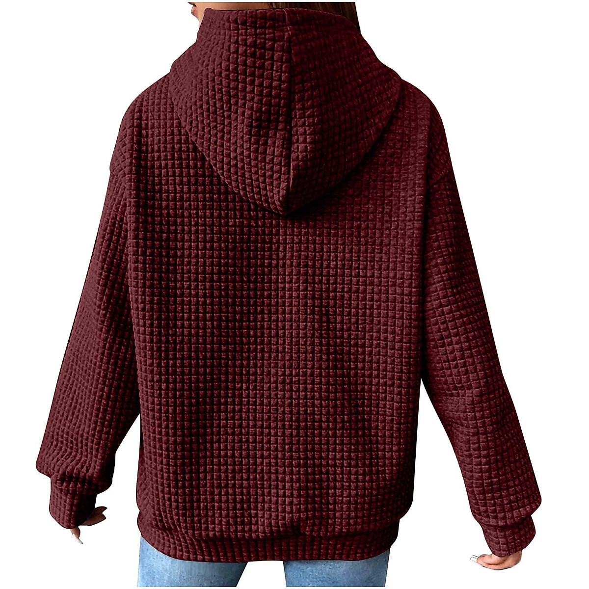 Womens Waffle Knit Hoodies Casual Long Sleeve Cute Football Print Sweatshirts Drawstring Trendy Pullover Tops 2023 oversized sweatshirts for women fall Wine M