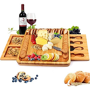 Bamboo Cheese Board with Cheese Tools, Cheese Plate Charcuterie Board Platter Set Serving Tray for Wine Cracker Brie and Meat, Large Thick Wooden Server, Fancy House Warming Gift for Gourmets