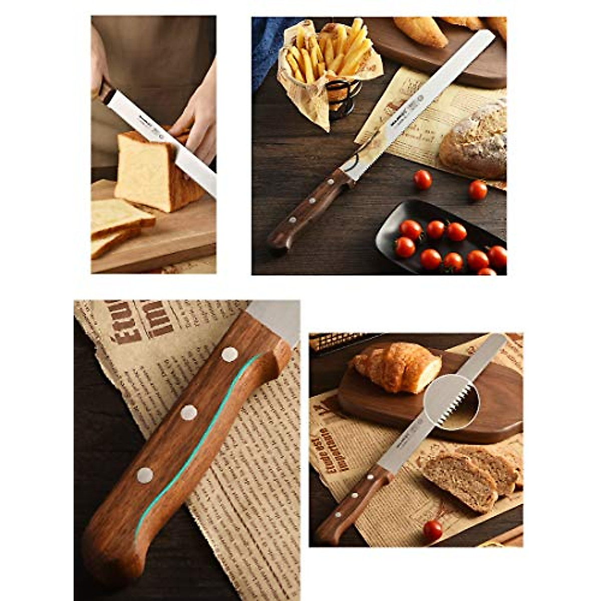 YUJIA Serrated Cake/Bread Knife, 12 Inch blade,High Carbon Stainless Steel Silver, Solid Black Walnut wood hand.