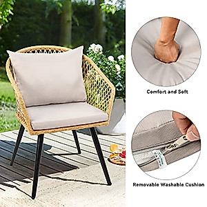 YITAHOME 3-Piece Outdoor Patio Furniture Wicker Bistro Set, All-Weather Rattan Conversation Chairs for Backyard, Balcony and Deck with Soft Gray Cushions, Glass Side Table Light-Yellow