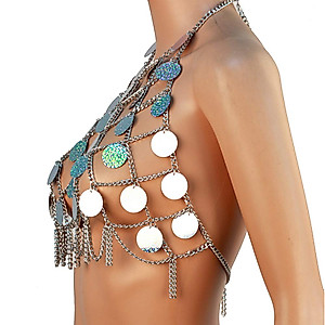 CHRAN Silver Body Chain Harness Sexy Bikini Chain Jewelry Mesh Chain Tassles Carnival Bra Top for Women Chest Chains Sequin Bra