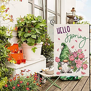 Hello Spring Garden Flag for Outside 12x18 Double Sided,Gnome with Flowers Small Yard Flag, Summer Seasonal Decors for Outdoor Anniversary Wedding Farmhouse Holiday