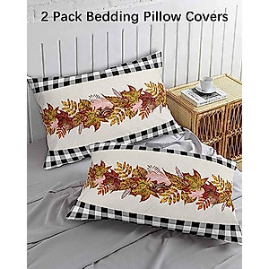 Edwiinsa Thanksgiving Pillow Covers Standard Size Set of 2 Bed Pillow, Farmhouse Fall Maple Leaf Black White Plaid Plush Soft Comfort for Hair/Skin Cooling Pillowcases with Envelop Closure 20''x26''