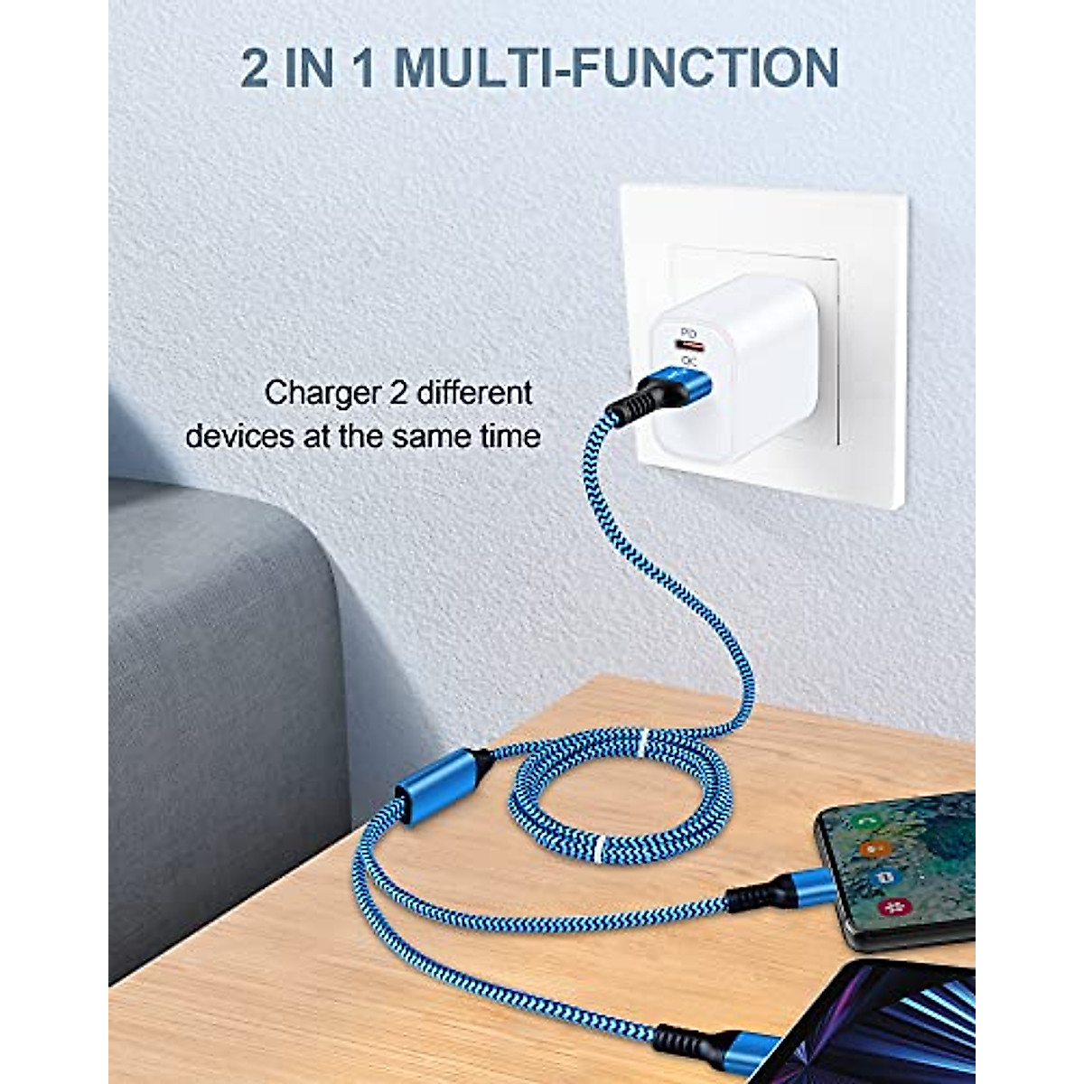 Multiple Charger Cable 2 in 1 iPhone and Android USB Charging Cable, 4ft Nylon Braided Multi Charging Cable with Type-C/Lightning Port Compatible with iPhone 14 Pro Max/14/13/12, iPad, Samsung, Google