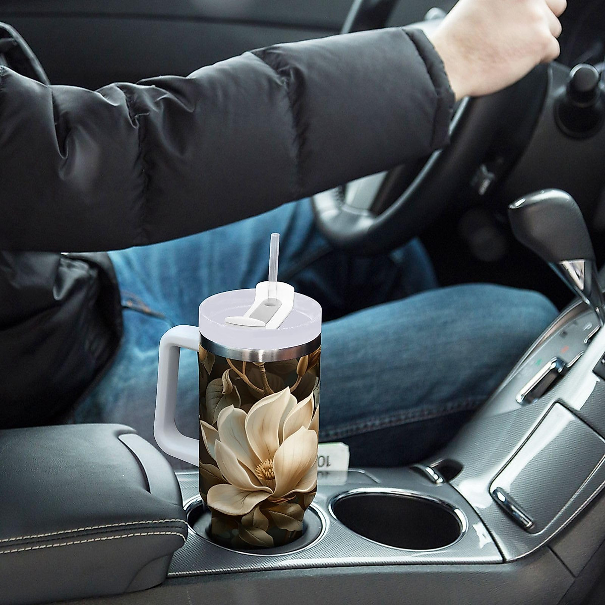 Msyxl 30 oz Insulated Stainless Steel Tumbler with Handle and Straw Lid - Leak-proof Coffee Mug for Men Women, Travel Mug Fits Cup Holder (Magnolia Flowers)