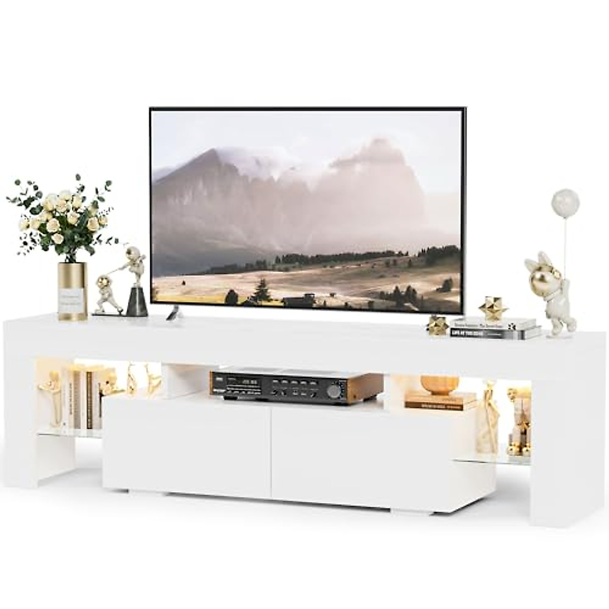 YESHOMY Modern LED TV Stand for Televisions up to 70 Inch with Glass Shelves and Drawer, Gaming Entertainment Center with Multiple Dynamic RGB Modes, for Livingroom, Bedroom, 60 Inch, White