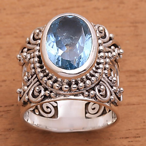 NOVICA Artisan Handmade Blue Topaz Single Stone Ring Sterling Silver from Bali Cocktail Indonesia Gemstone Birthstone [crownbezel 0.7 in H x 0.6 in W x 0.3 in D Band Width 8 mm W] ' Glorious Vines'