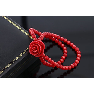 Gem Stone King 7 Inch Red Simulated Coral Bead Rose Flower Stretch Bracelet for Women 5mm