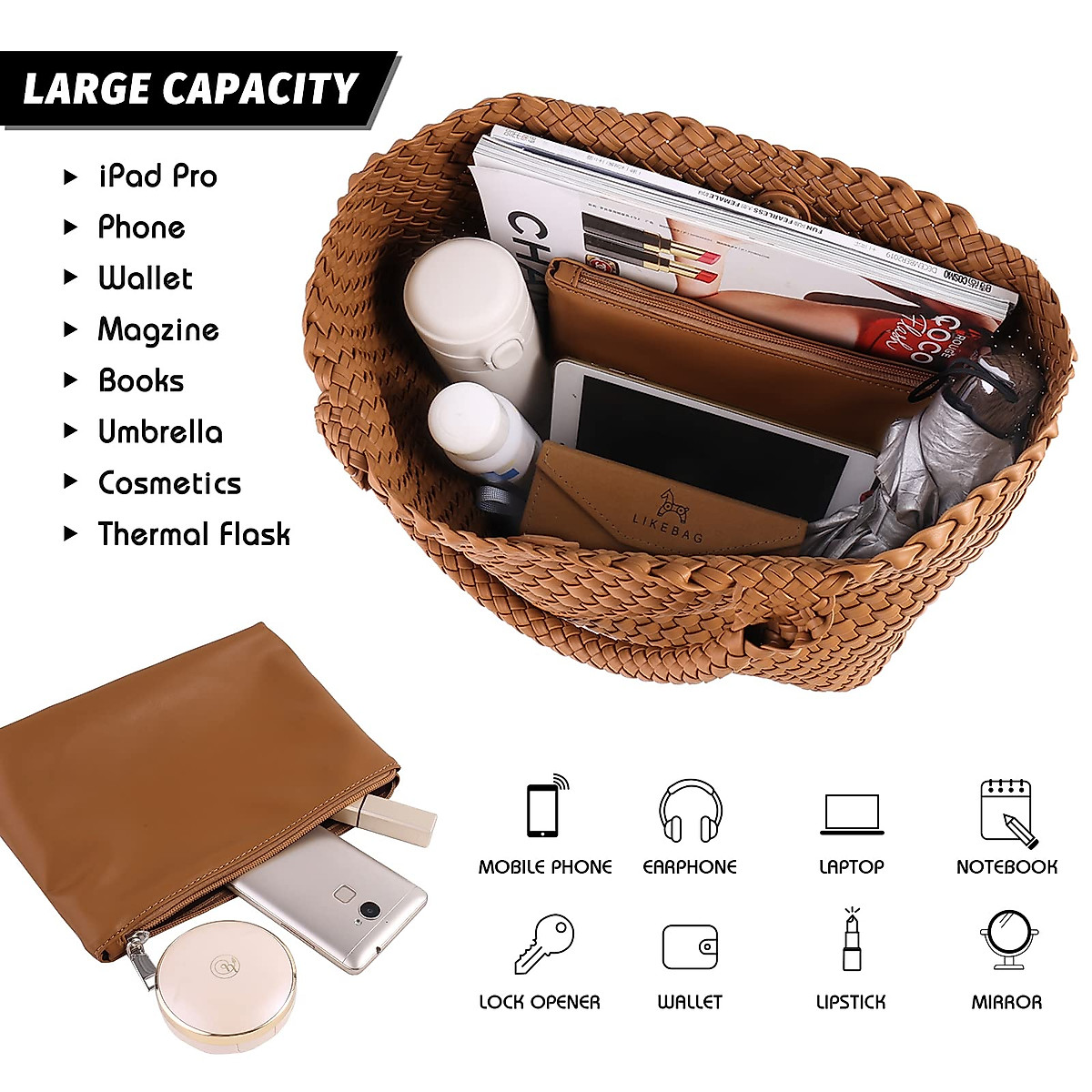 Brown Vegan Leather Woven Tote Bag for Women - Large Beach Bag with Small Purse, Handmade Top-handle Travel Handbag