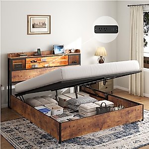 Queen Size Lift Up Storage Bed Frame with Hydraulic Storage And Bookcase Headboard, LED Queen Bed Frame with Charging Station, Metal Platform Bed with Storage, No Box Spring Needed(Vintage Brown)