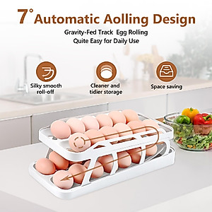 TUSGENK Egg Holder for Fridge, Automatic Rolling Egg Organizer Storage for Refrigerator, 2 Rows Space-Saving Eggs Dispenser, Large Capacity 28 Eggs Container & Tray for Kitchen (2 Layer,White)