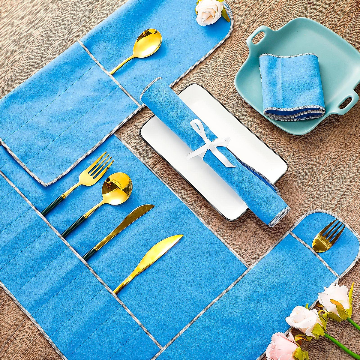 17 Pieces Silver Storage Bags Anti Tarnish Silver Protector Bags Silverware Bags Blue Holder for Silverware Place Setting Roll Flatware Storage Organizer with White Ribbon for Utensils, 3 Styles