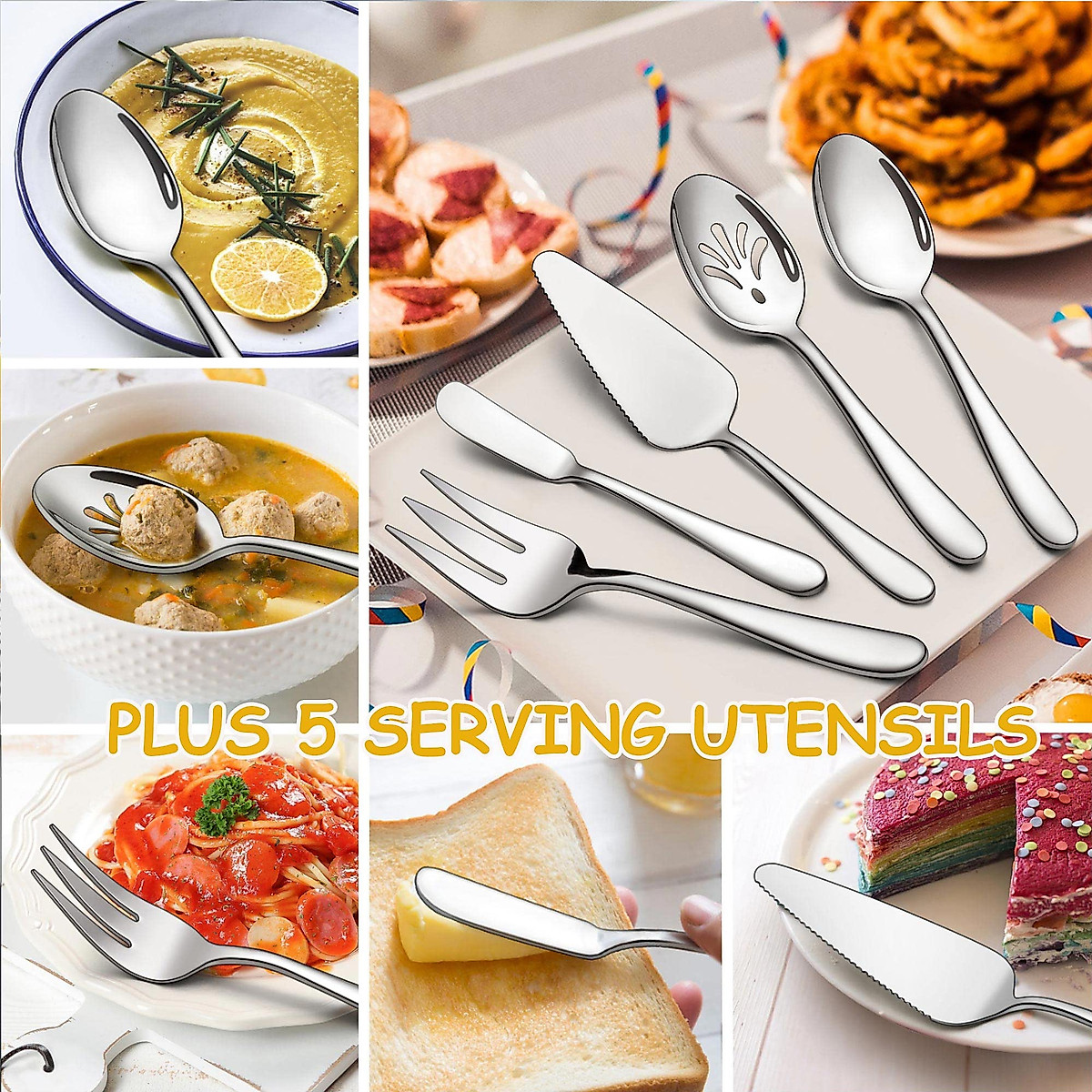 LIANYU 45-Piece Heavy Duty Silverware Set with Serving Utensils, Stainless Steel Flatware Set for 8, Thick Cutlery Eating Utensils Include Fork Knife Spoon, Mirror Finished, Dishwasher Safe