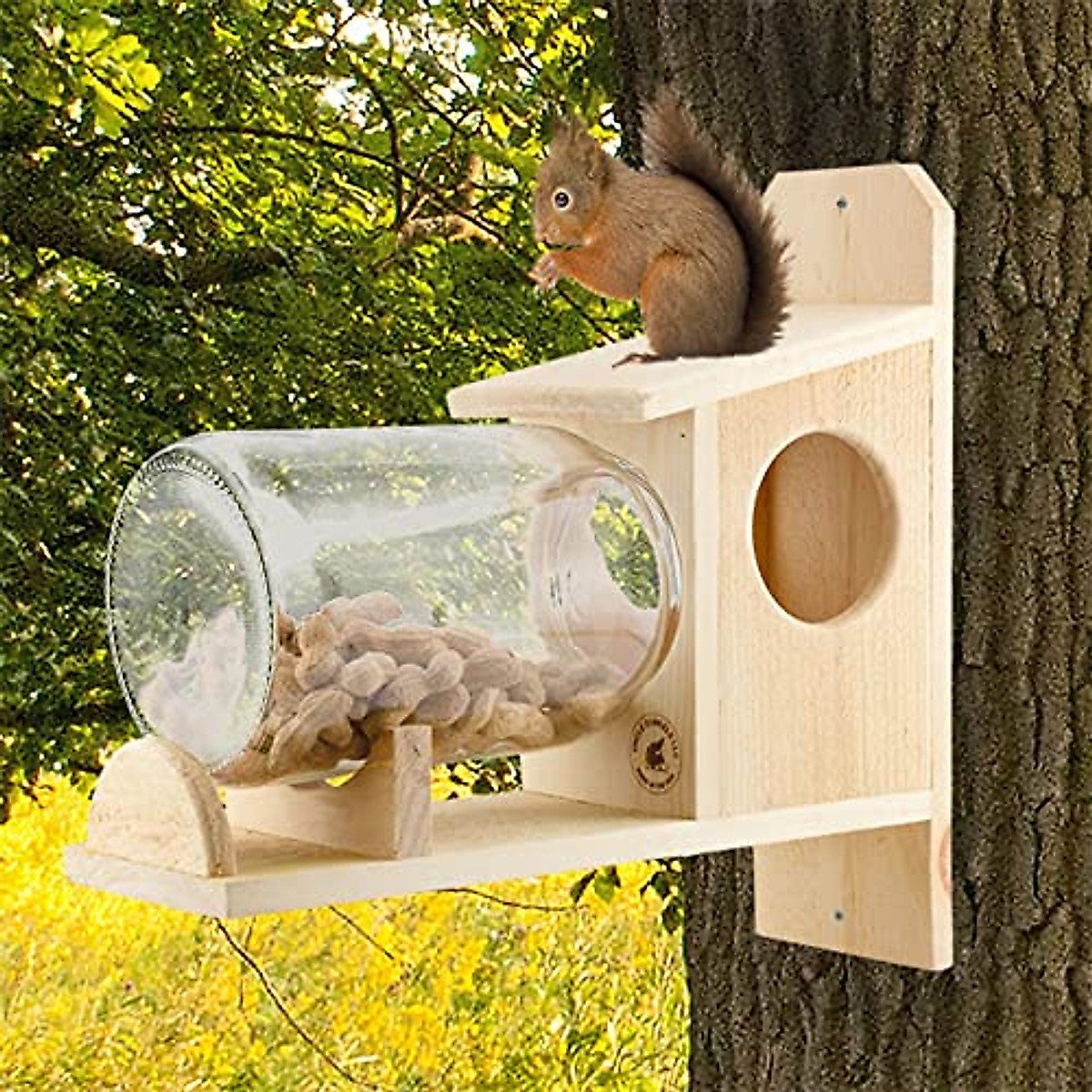 Uncle Dunkels Backyard Squirrel Feeder (w/Gallon Glass Jar); Rustic Handmade Squirrel Food Box
