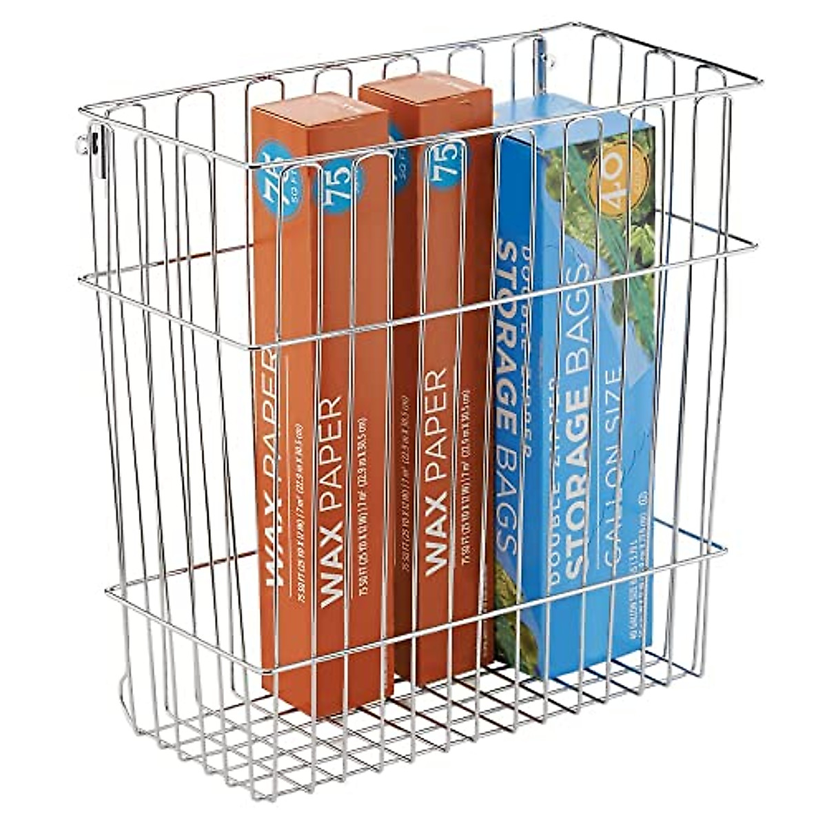 mDesign Metal Wall Mount Kitchen Storage Organizer Basket Bin/Trash Can - For Bags, Tin Foil, Wax Paper, Saran Wrap - Hardware Included - Solid Steel - Chrome