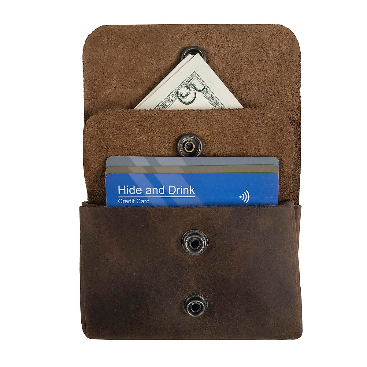 Hide & Drink, Double Pouch Wallet for Men and Women, Rectangular Card Holder, Money Organizer, ID Case, Classic Style, Full Grain Leather, Handmade, Bourbon Brown