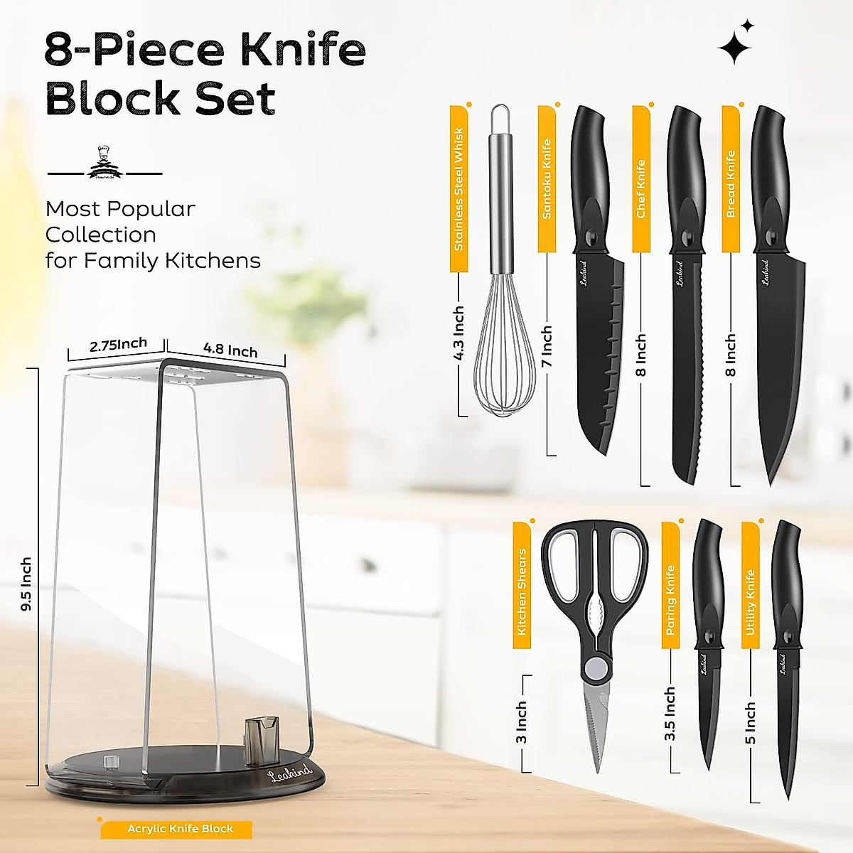 Kitchen Knife Set with Block, 8 Pieces Chef Knife Sets for Kitchen with Block, Knives, Scissor for Meat/Vegetables/Fruits Chopping, Slicing, Dicing&Cutting