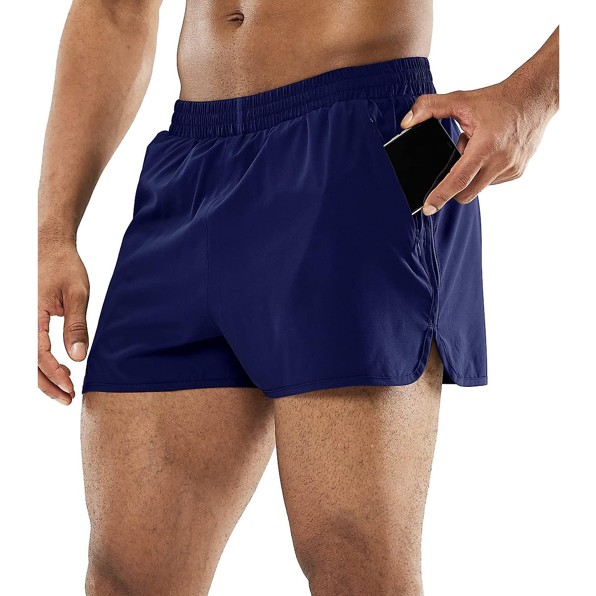 MIER Men's 3 Inches Athletic Running Shorts Built-in Liner Water Resistance Cool Dry Gym Exercise Jogging Track Shorts Zippered Pockets Navy M