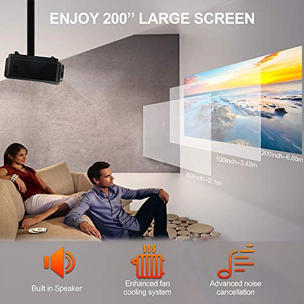 Digital Phone Projector, 7500lm 1080p Full HD Projector with HDMI, USB, VGA Multimedia HD Video Projector for Movie Night TV Gaming Drawing Party Gift, Keystone, Zoom, Home Outdoor Theater Proyector