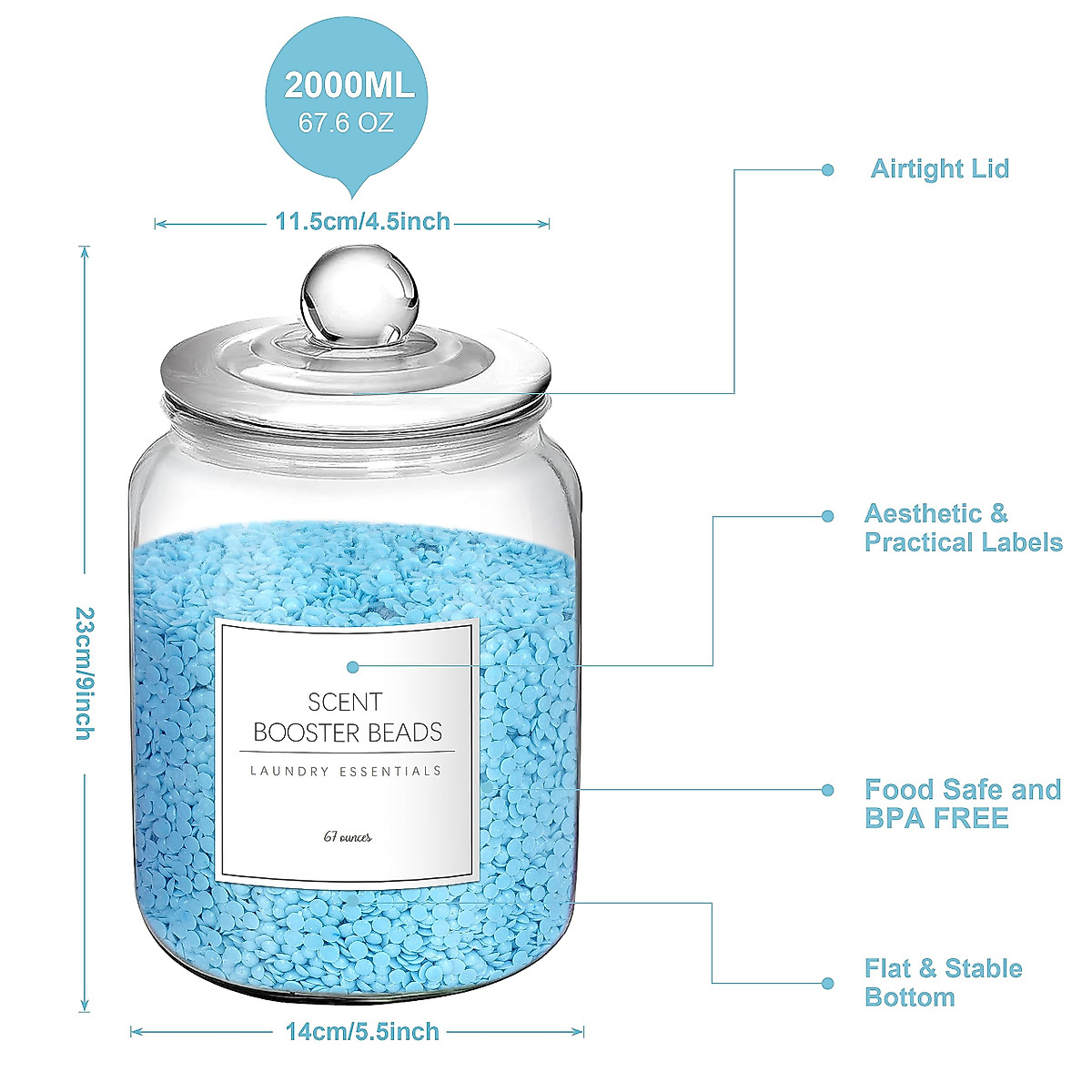 SLICHIO Glass Jar for Laundry Room Organization and Storage Jars with Airtight Lid 2 Pack Half Gallon Glass Containers for Laundry Pods, Laundry Detergent, Dryer Sheet with Labels Spoons and Pen