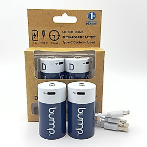 bump D 1.5V Rechargeable Batteries - 2 Pack - Lithium Ion, 12000 mWh, Fast & Long Lasting USB-C Charge, Use in Flashlights, Devices w/Extended Running Time Requirements, Charger Cable Included