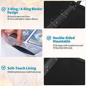 Card Binder 400 Cards Capacity with 50 Removable Sleeves, Collector Trading Card Binder 4-Pocket Storage Holder Album Book Portable Carrying Case for TCG