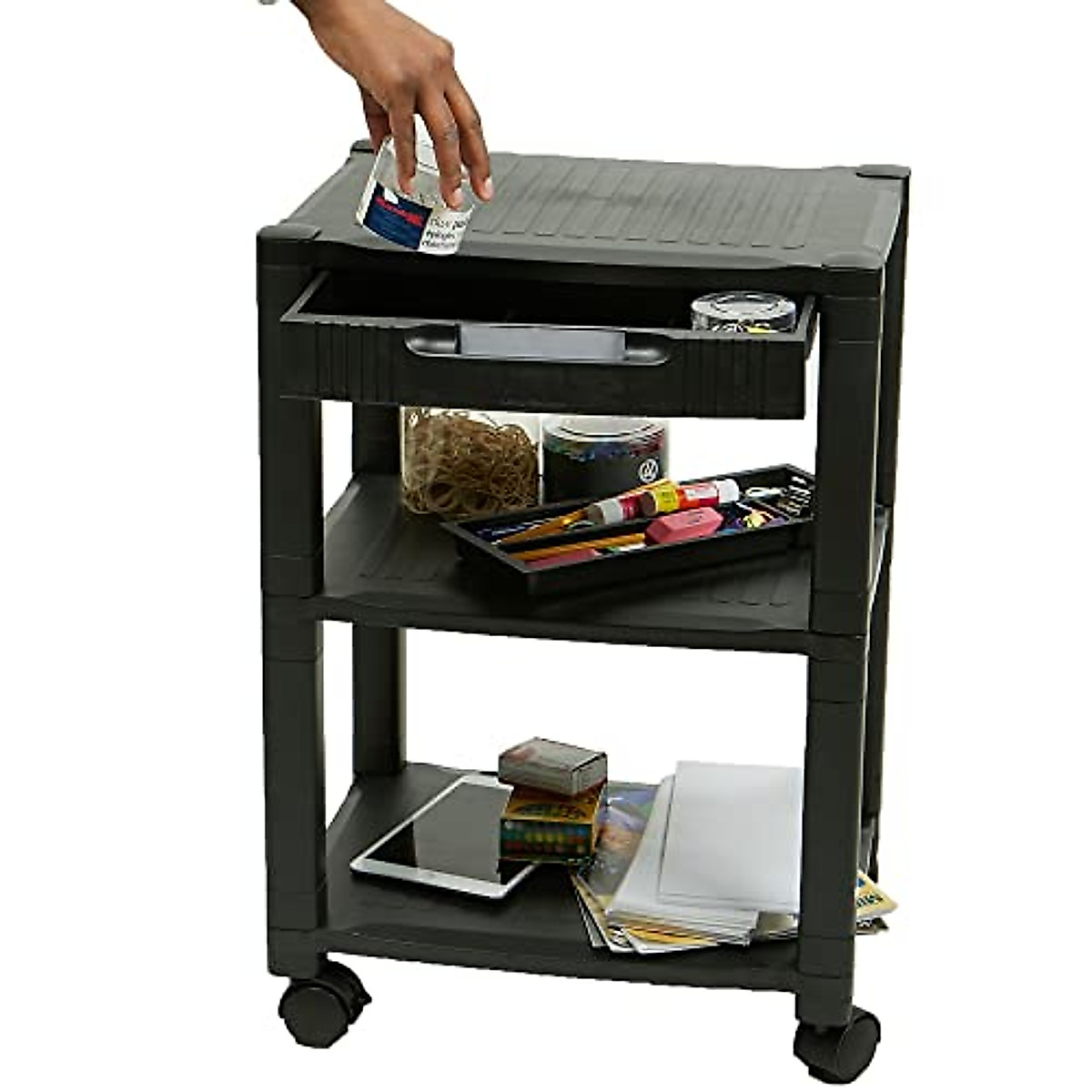 Mind Reader 3-Shelf Printer Cart, Stand with Wheels, Drawer, Cord Management, Black