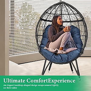 Temminkii Outdoor Patio Wicker Egg Chair Oversived Indoor Basket Rattan Chair with Stand,4''Cushion 410bls Capacity for Backyard Balcony Bedroom (Blue)