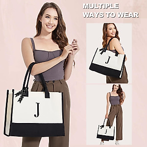 BeeGreen Initial Canvas Tote Bag with Makeup Bag Monogram Tote Bags for Women w Removable Bottom Personalized Gifts for Friends Birthday Teacher Mother Hostess Wedding Bridesmaid Letter M