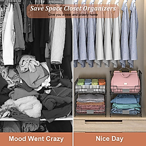 4 Pack Sliding Closet Organizers and Storage, Stackable Closet Storage Shelves, Pull Out Clothes Storage Organizer Baskets/Containers/Drawers with Dividers for Wardrobe (Black-Sturdy Wire Metal Frame)