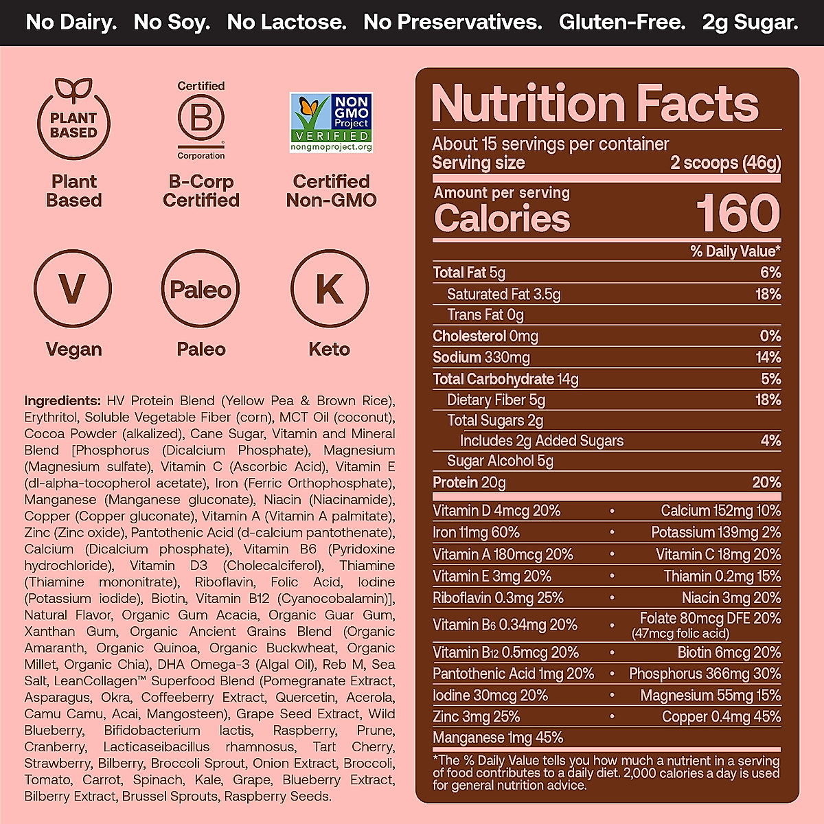 Happy Viking Triple Chocolate Protein + Superfoods Powder, Created by Venus Williams, 20G Protein, Low Carb, Keto, Vegan, Gluten-Free, Non-GMO, Complete Meal Replacement, 1 Canister (24 oz.)