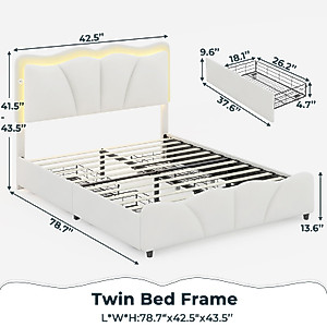 AOGLLATI Twin Bed Frame with 4 Storage Drawers & Charging Station,Upholstered Led Flower Twin Bed with Adjustable Headboard and Strong Wood Slat Support,No Spring Box Needed, Beige