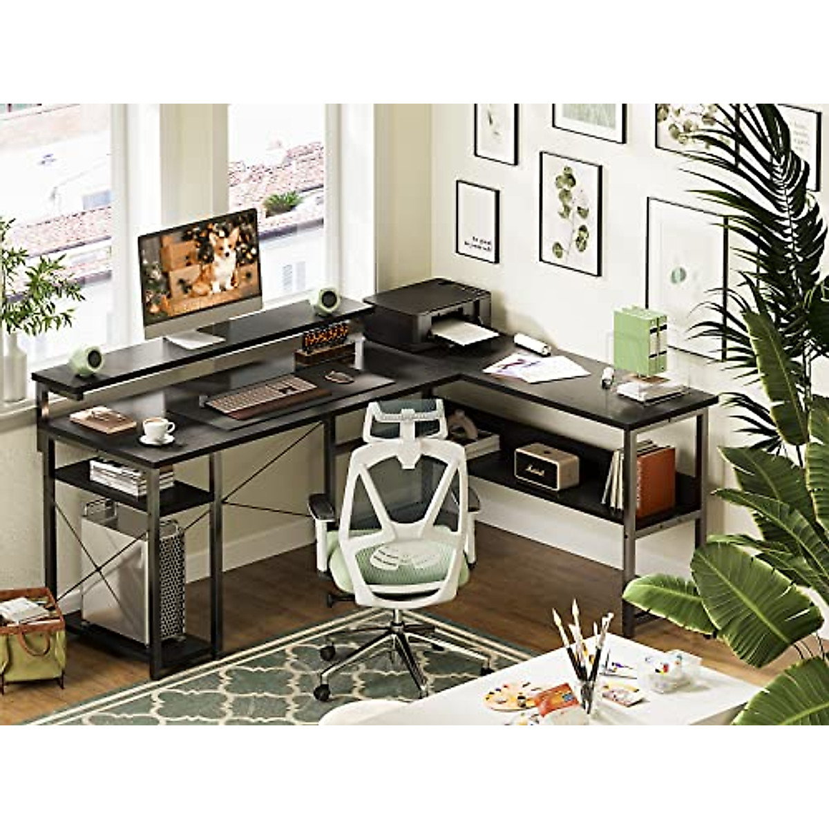 ODK Corner Computer Desk, 61" Reversible L Shaped Desk with Storage Shelves & Monitor Stand, Home Office Desk, Gaming Desk, Writing Desk, Black