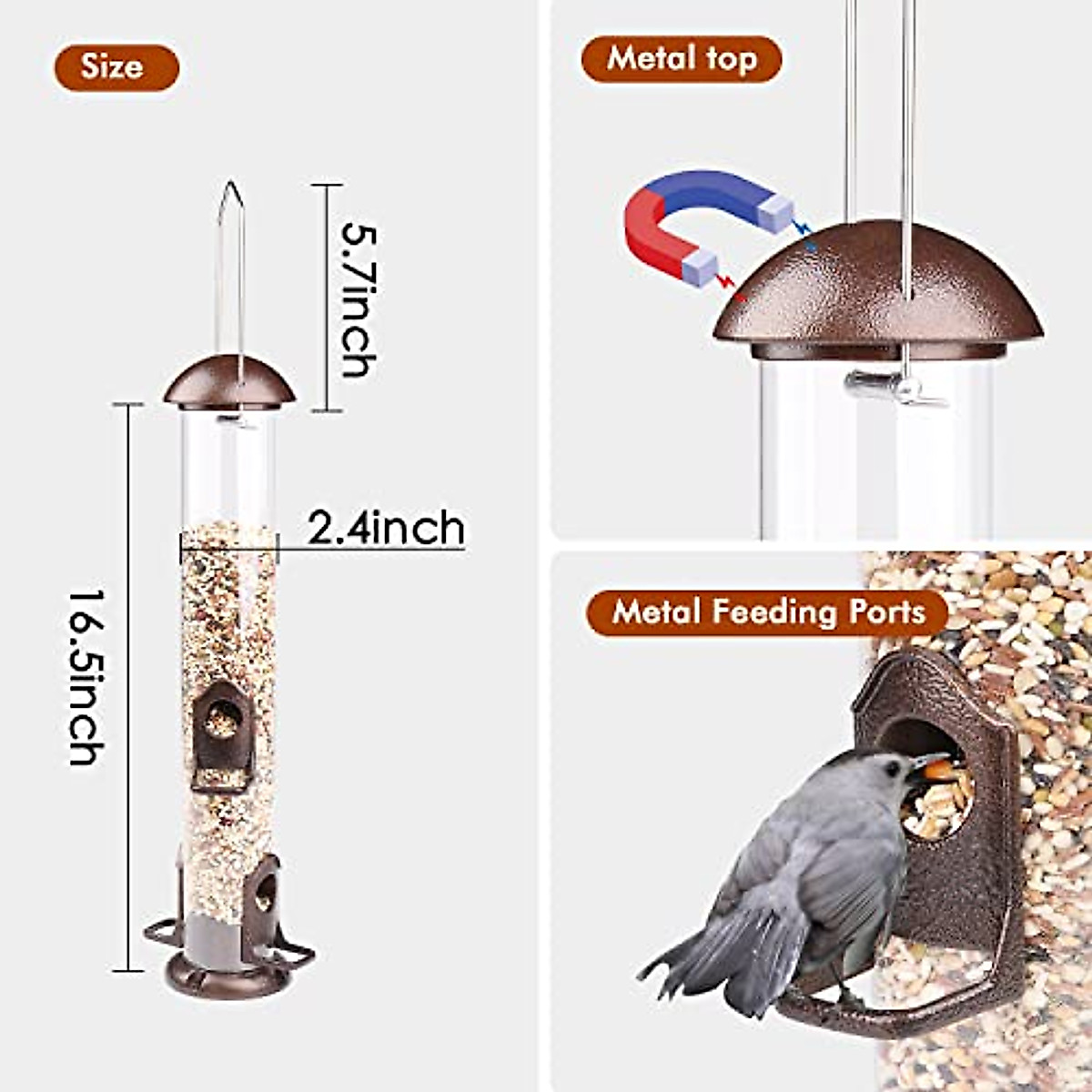 Wild Bird Feeder Classic, Witacles 17 Inch Tube All Metal Steel Hanger, for Garden Yard Outdoor, 4 Feeding Ports, Seed is not Included (Brown)
