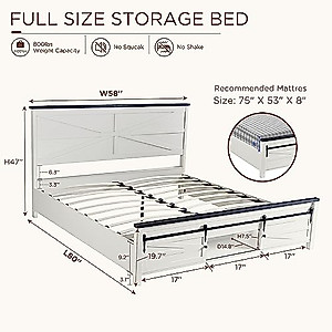 JXQTLINGMU 14" Full Bed Frame and Headboard, Wood Farmhouse Bed Frame with Sliding Barn Door Storage, Curved Wood Slats Support, Noiseless, No Box Spring Needed, Rustic White