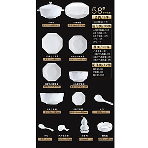 MBBJM 58 Heads Ceramic Dinner Dish Rice Bowl Soup Salad Noodles Bowl Plate Dinnerware Set (Tableware 1 Set And 1 Pot)