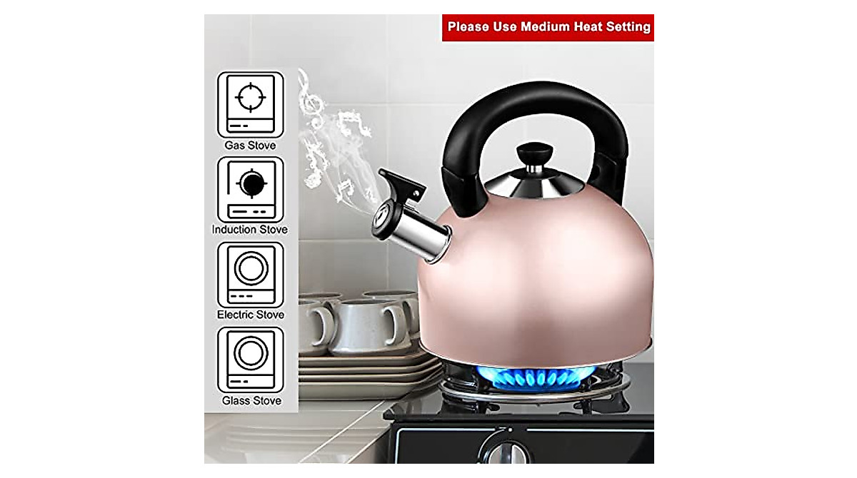 Rose Gold Stainless Steel Whistling Tea Kettle - 3.4 Quart for All Stoves