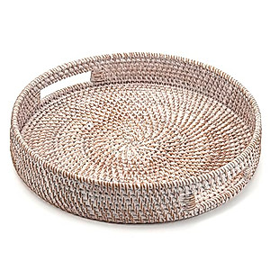 Coffee Table Tray Round Rattan Ottoman Tray Woven Serving Trays with Handles for Home and Kitchen Decorative White (Large 14 inch x 2.8 inch)