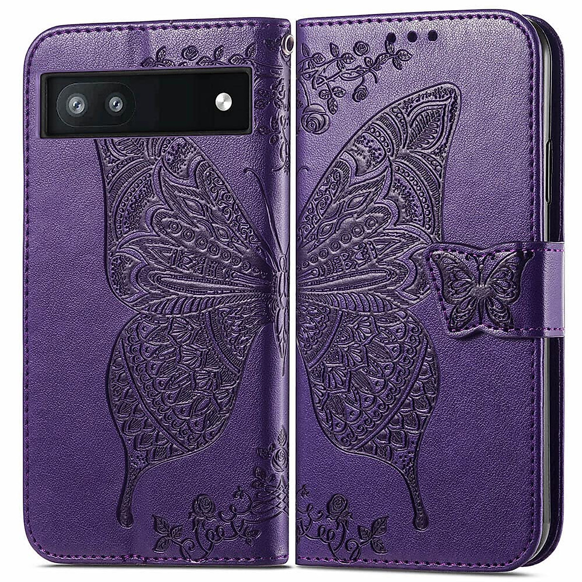 Designed for Pixel 6A Case Wallet,Women Flip Cover with Butterfly Embossed PU Leather Kickstand Credit Card Holder Slots Wrist Strap Protective Phone Case for Google Pixel 6A (2022) (Purple)
